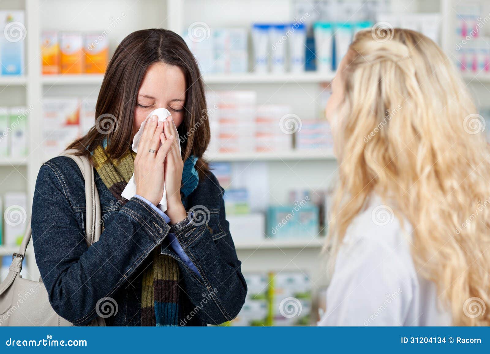 Customer Suffering from Cold with Pharmacist in Foreground Stock Photo ...