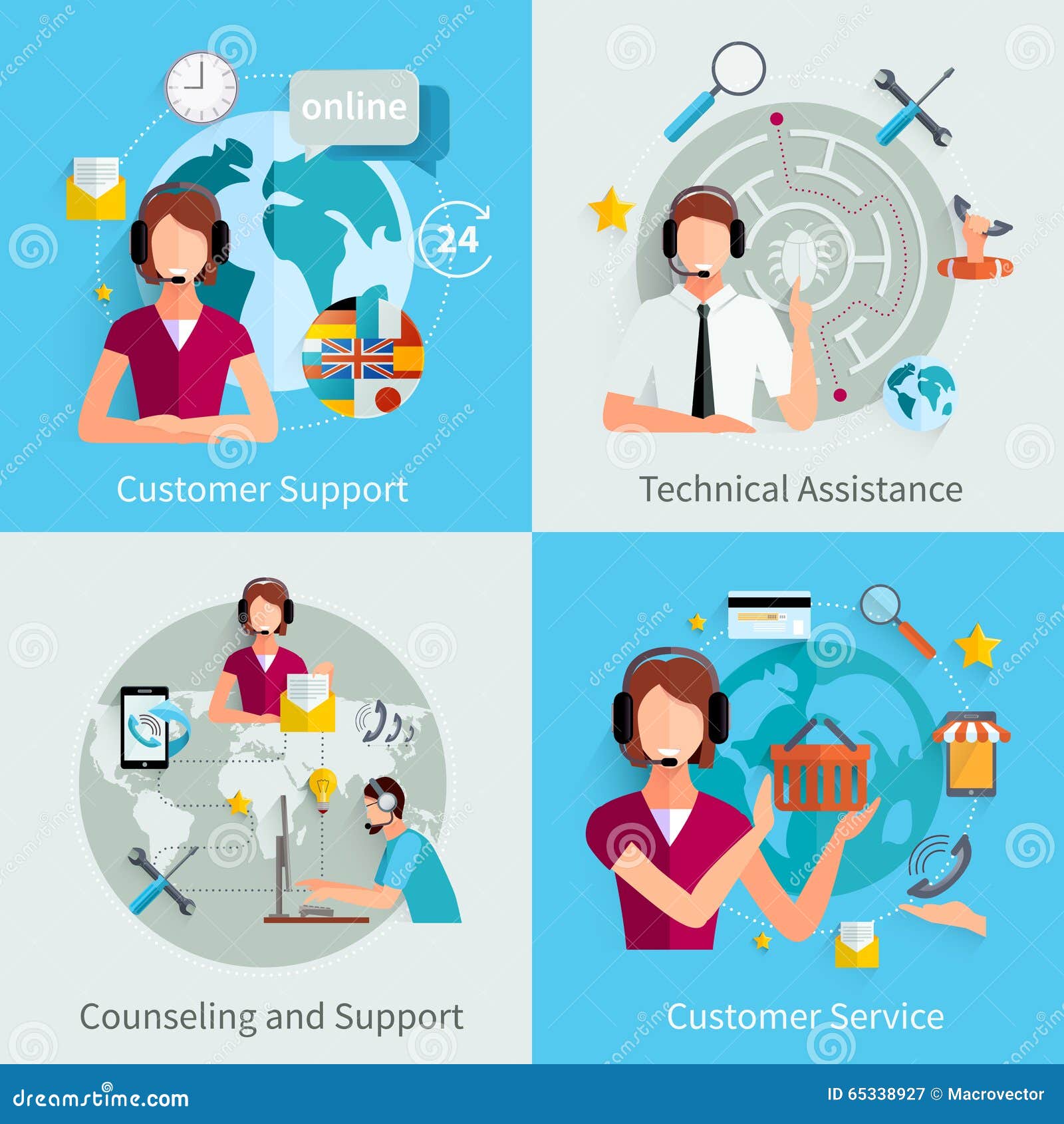 Customer Support 4 Flat Icons Square Stock Vector - Illustration of ...