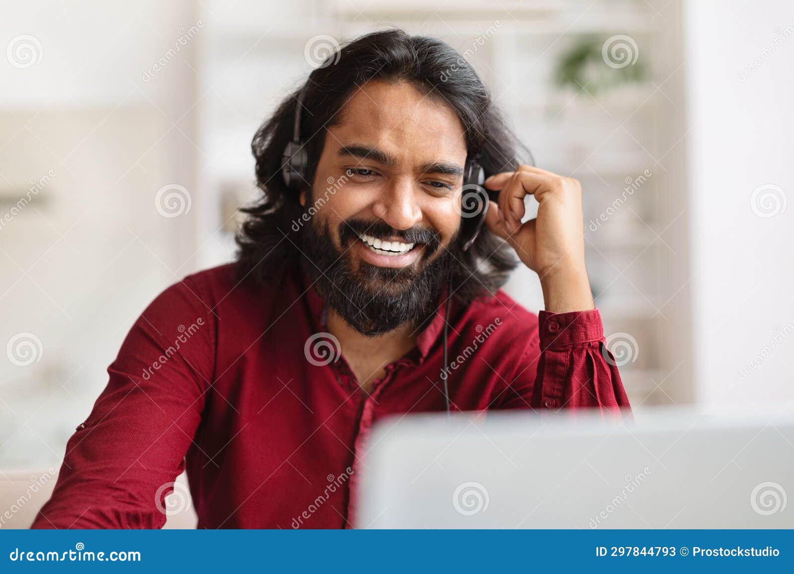 Customer Support Manager Man in Headset Working with Laptop Computer ...