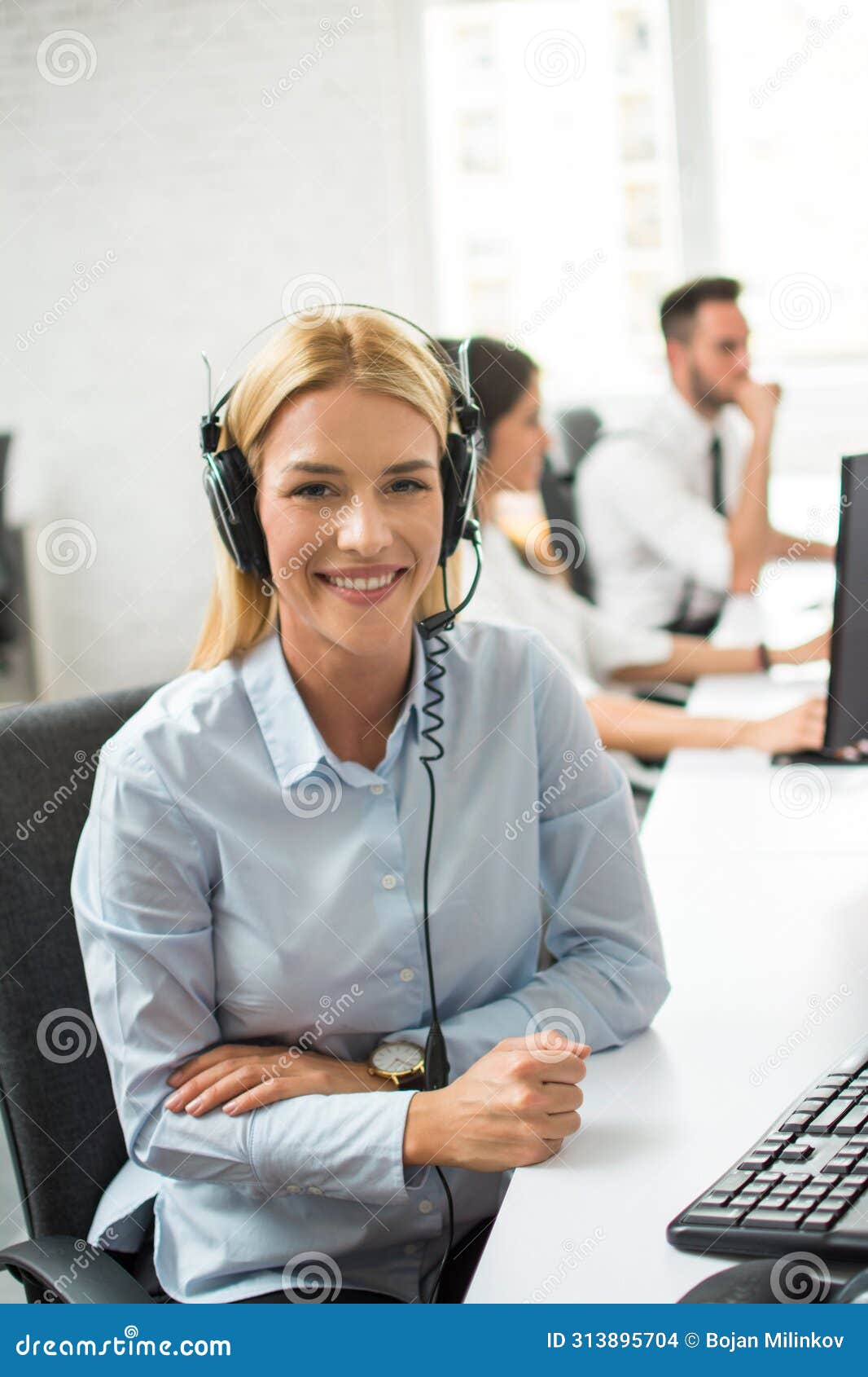 Customer Support Operator at Work. Young Female Employee Working with a ...