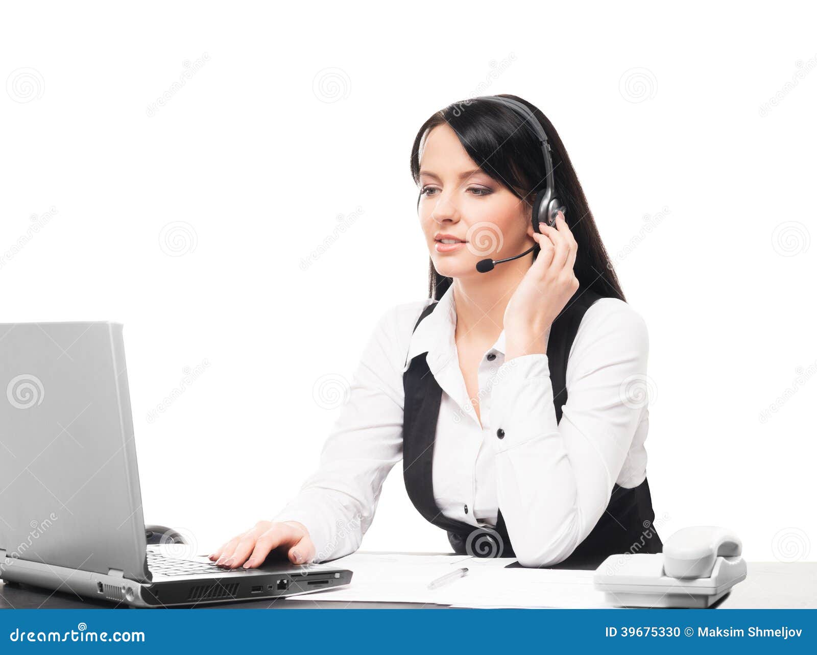 A Customer Support Operator Working in a Office on White Stock Photo ...