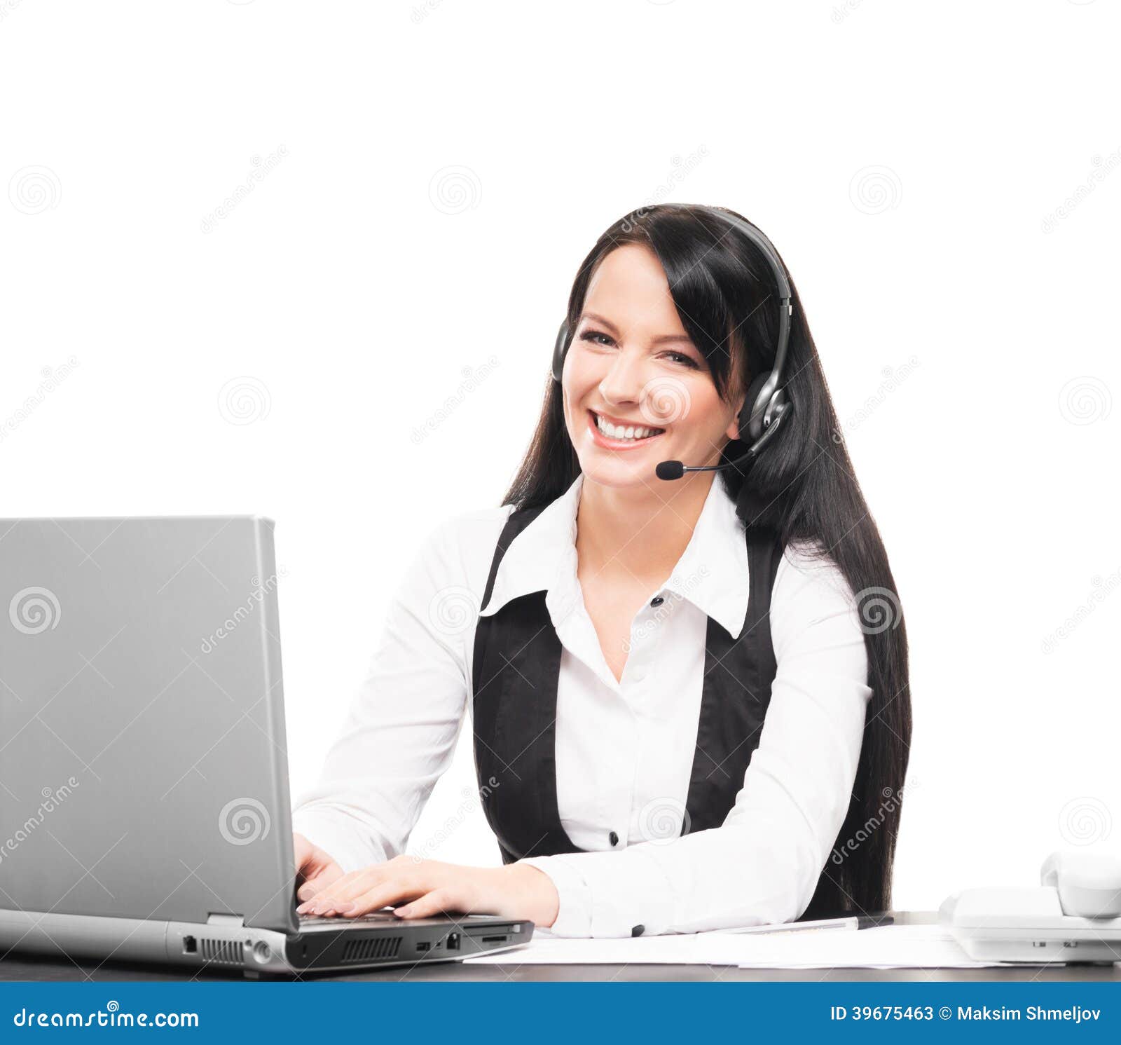 A Customer Support Operator Working in a Office on White Stock Image ...