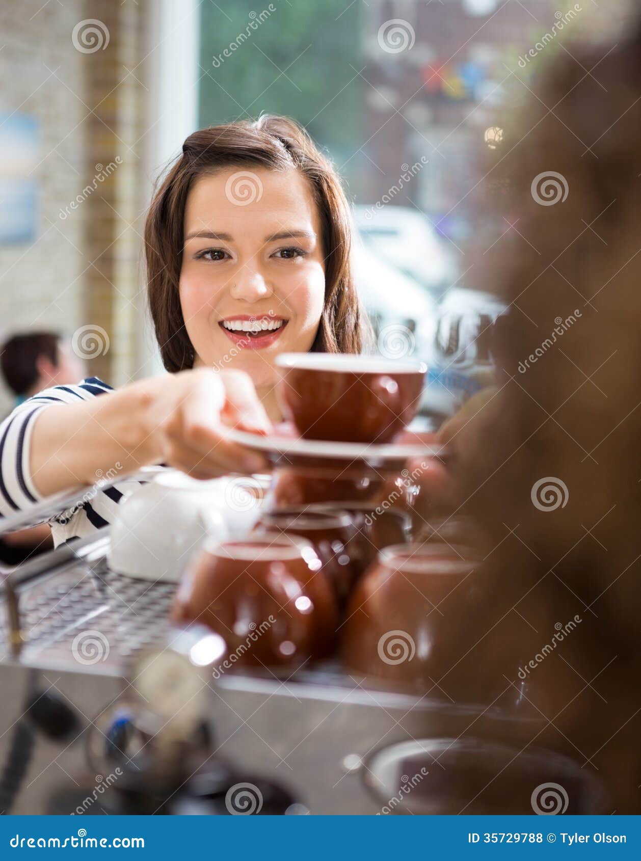 Customer Taking Coffee from Waitress in Cafe Stock Photo - Image of ...