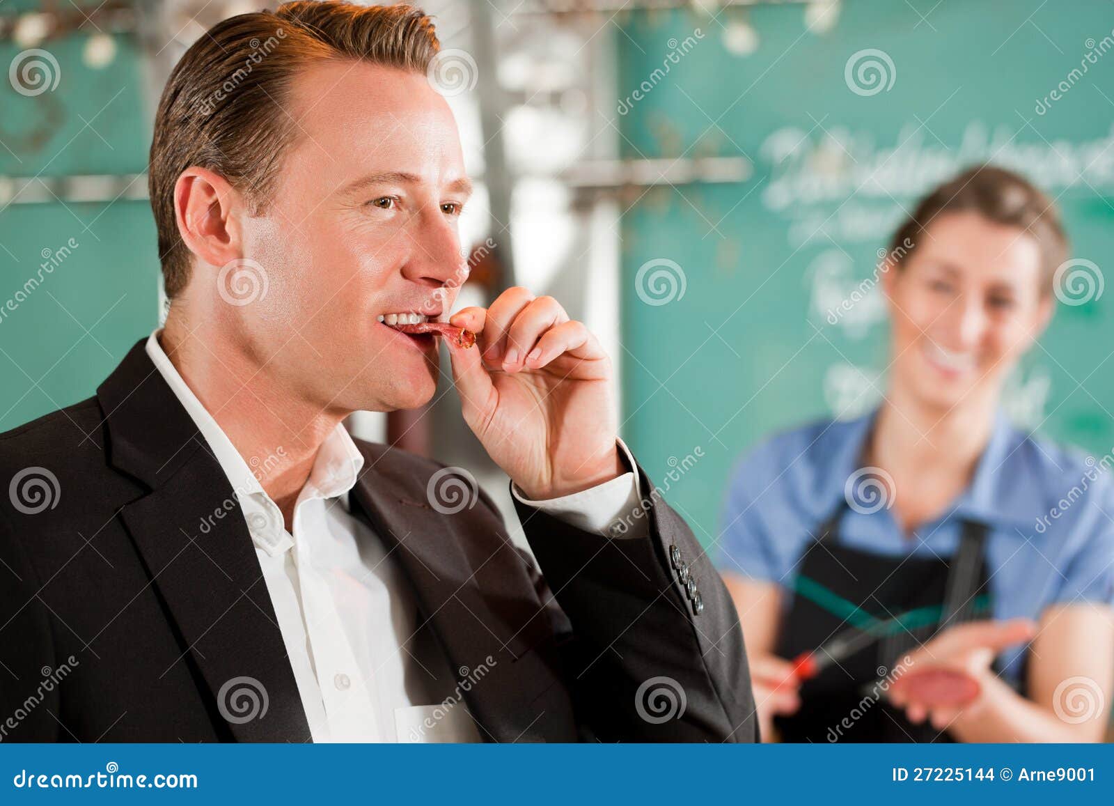 Customer Trying Out Meat at Butchery Stock Photo - Image of pretty ...