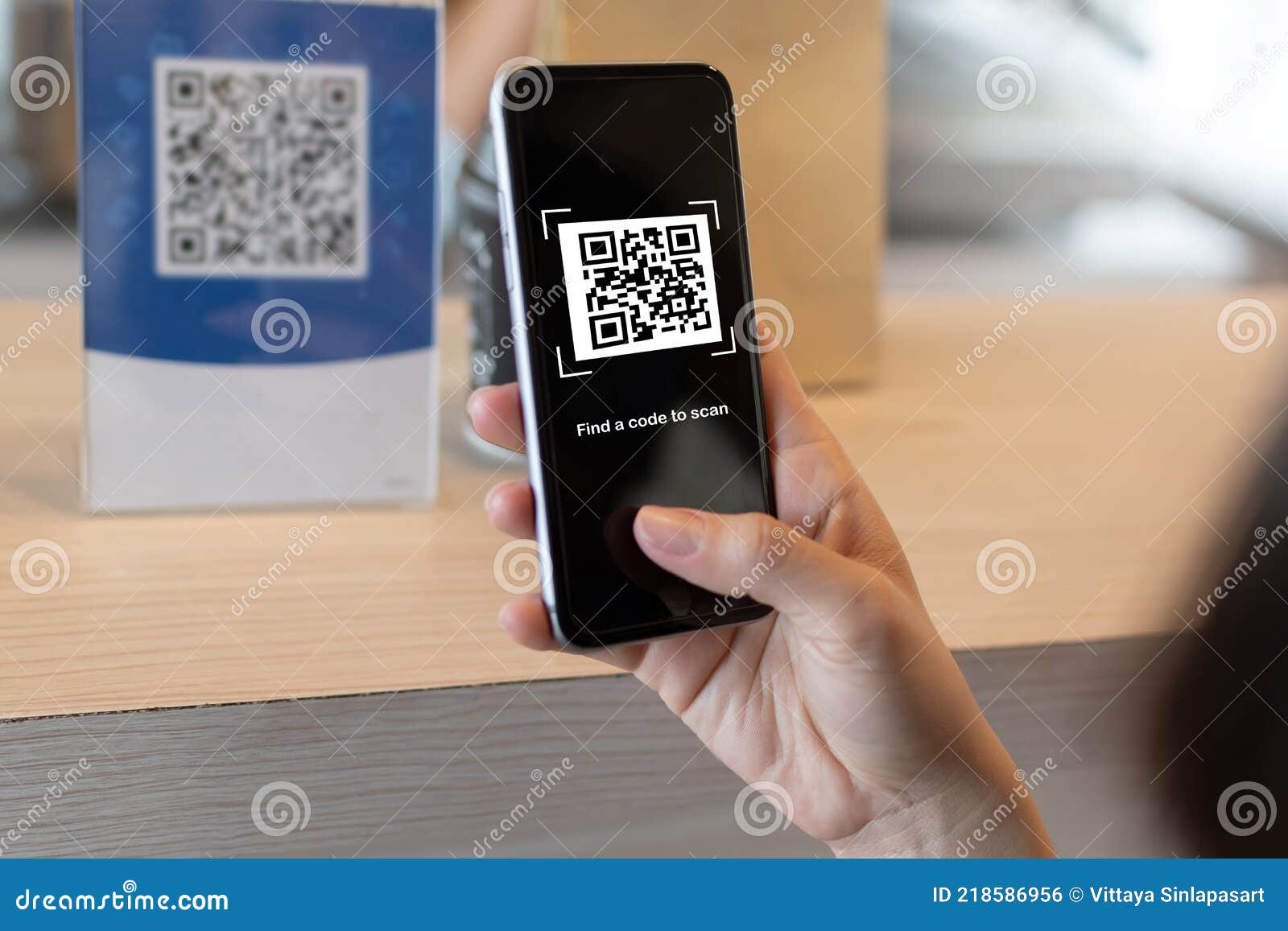 Customer Using Digital Mobile Phone Scan QR Code Pay For Buying Coffee ...