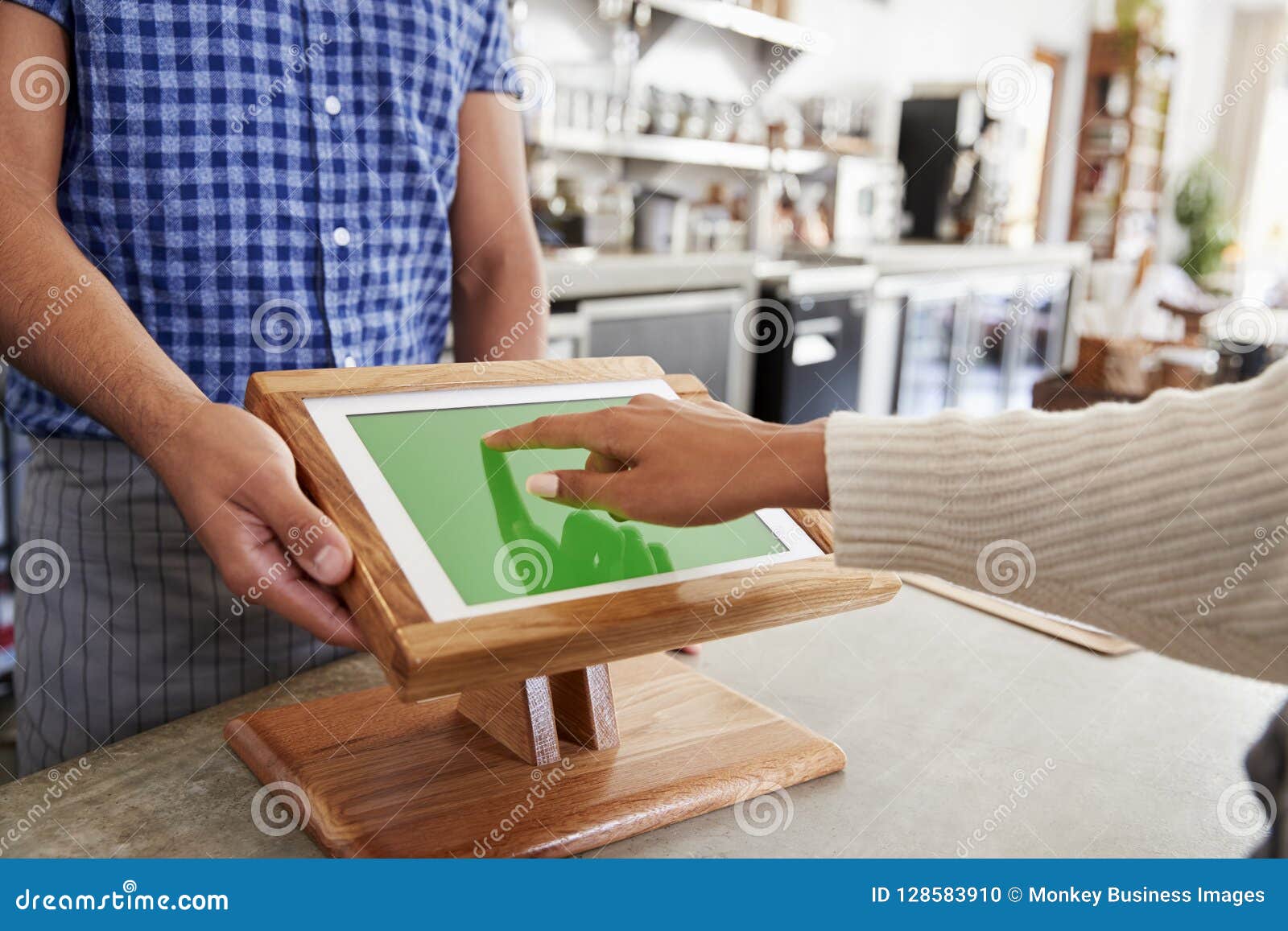 Customer Using Touch Screen Sales Terminal at Cafe, Close Up Stock ...