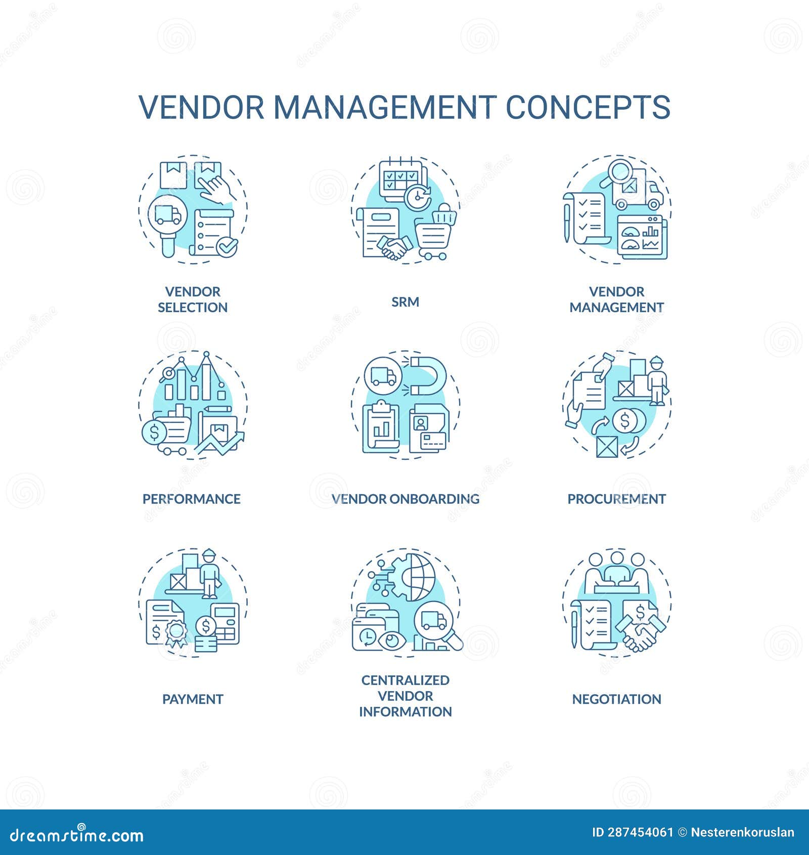 Customizable Blue Icons Representing Vendor Management Concepts Stock ...