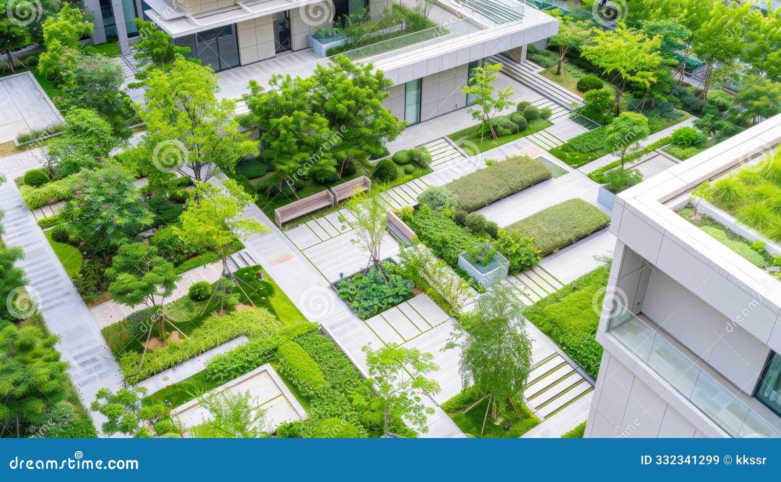 Customizable Green Rooftop Garden with Pathways and Seating for Urban ...