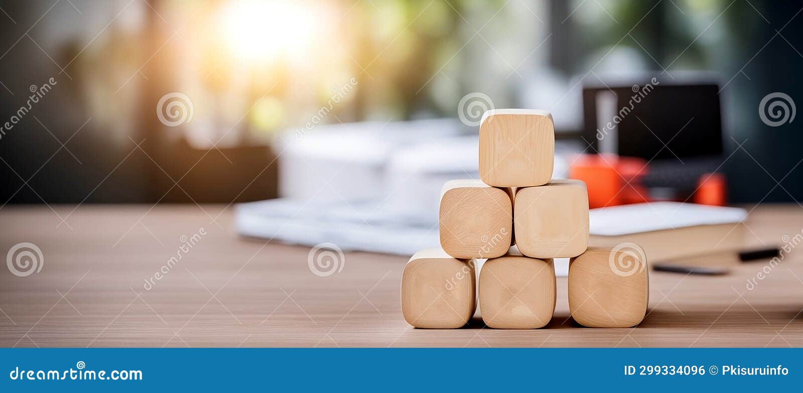 Customizable Stack of Six Square Wooden Cubes on Office Table Bokeh ...