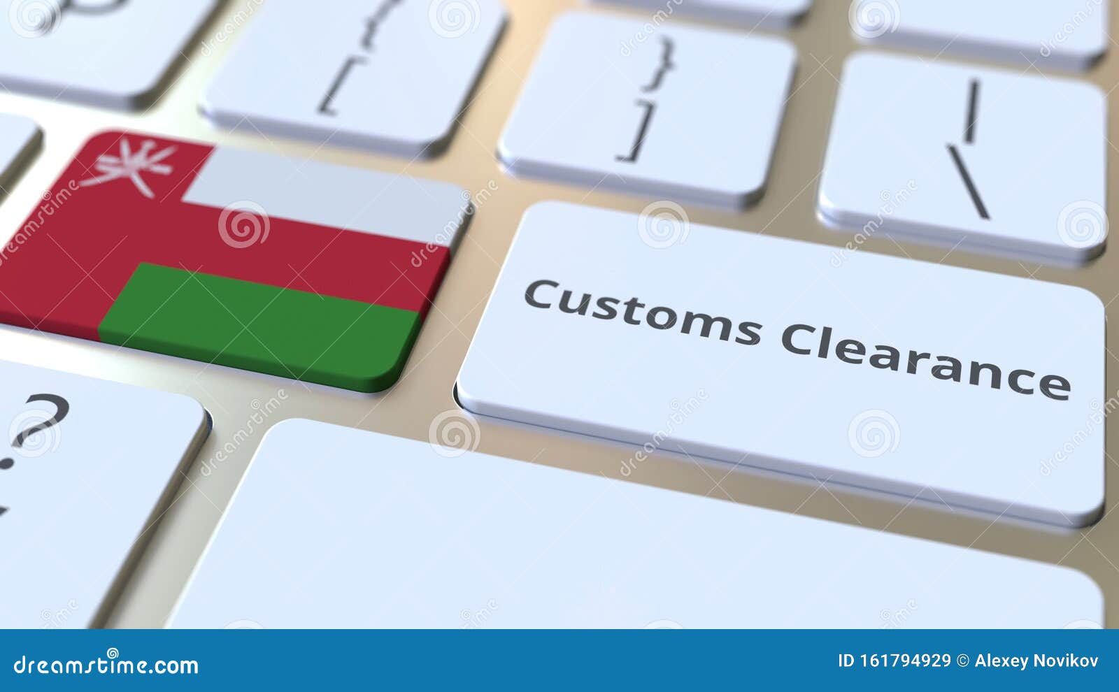 CUSTOMS CLEARANCE Text and Flag of Oman on the Computer Keyboard ...