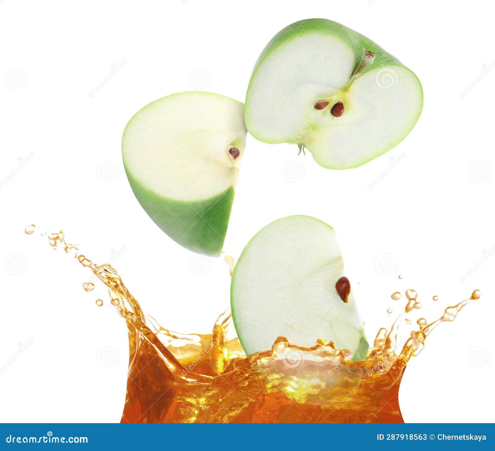 Cut Apple Falling into Juice on White Background Stock Image - Image of ...