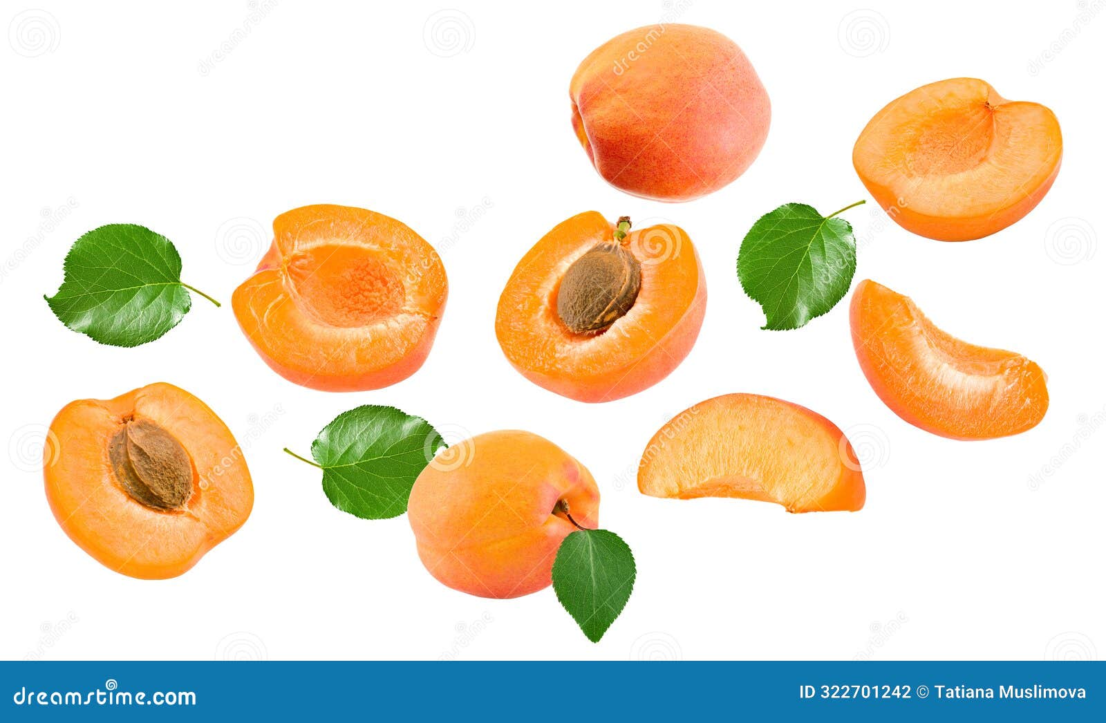 Flying Cut of Apricot Fruit with Green Leaves Isolated on White ...