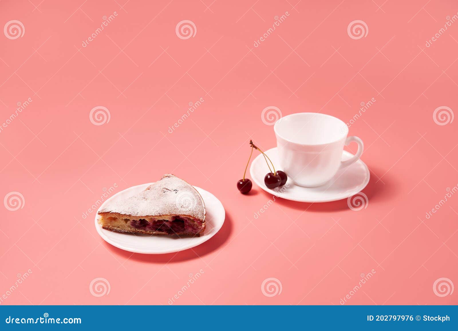 Cut Cherry Pie on a Saucer and an Empty Mug. Pink Background Stock ...