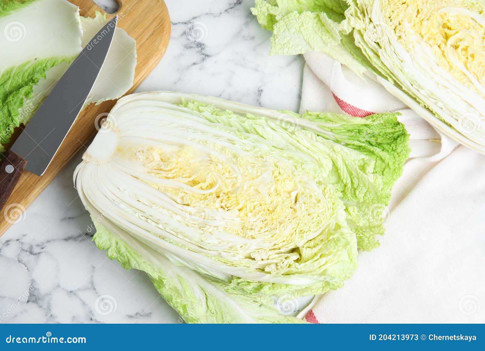Cut Chinese Cabbage on White Marble Table, Flat Lay Stock Image - Image ...