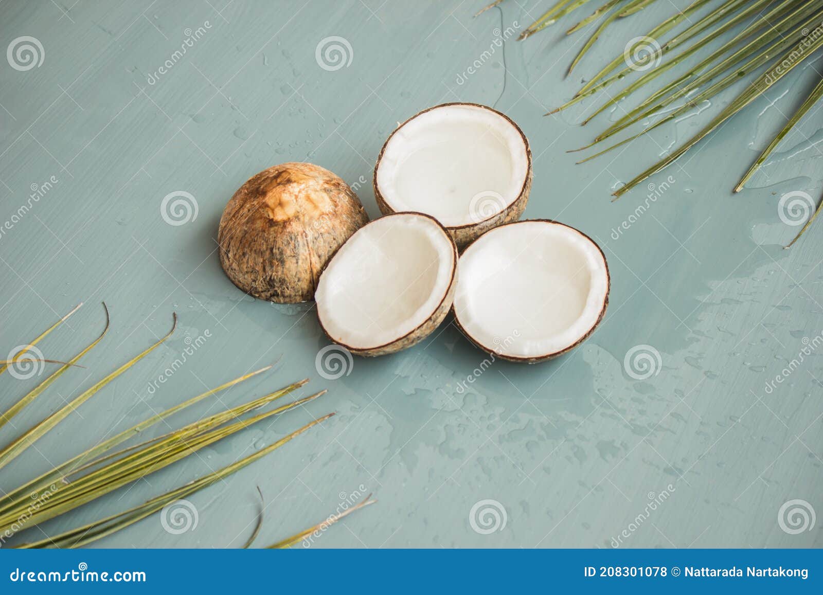 Four Coconut Halves and Coconut Leaves Stock Photo - Image of coco ...