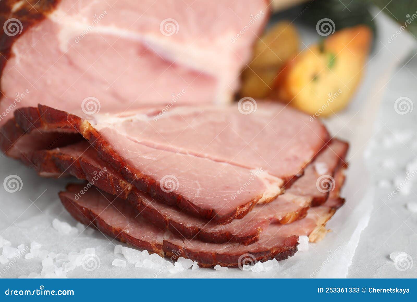 Cut Delicious Ham with Salt on Table, Closeup Stock Image - Image of ...