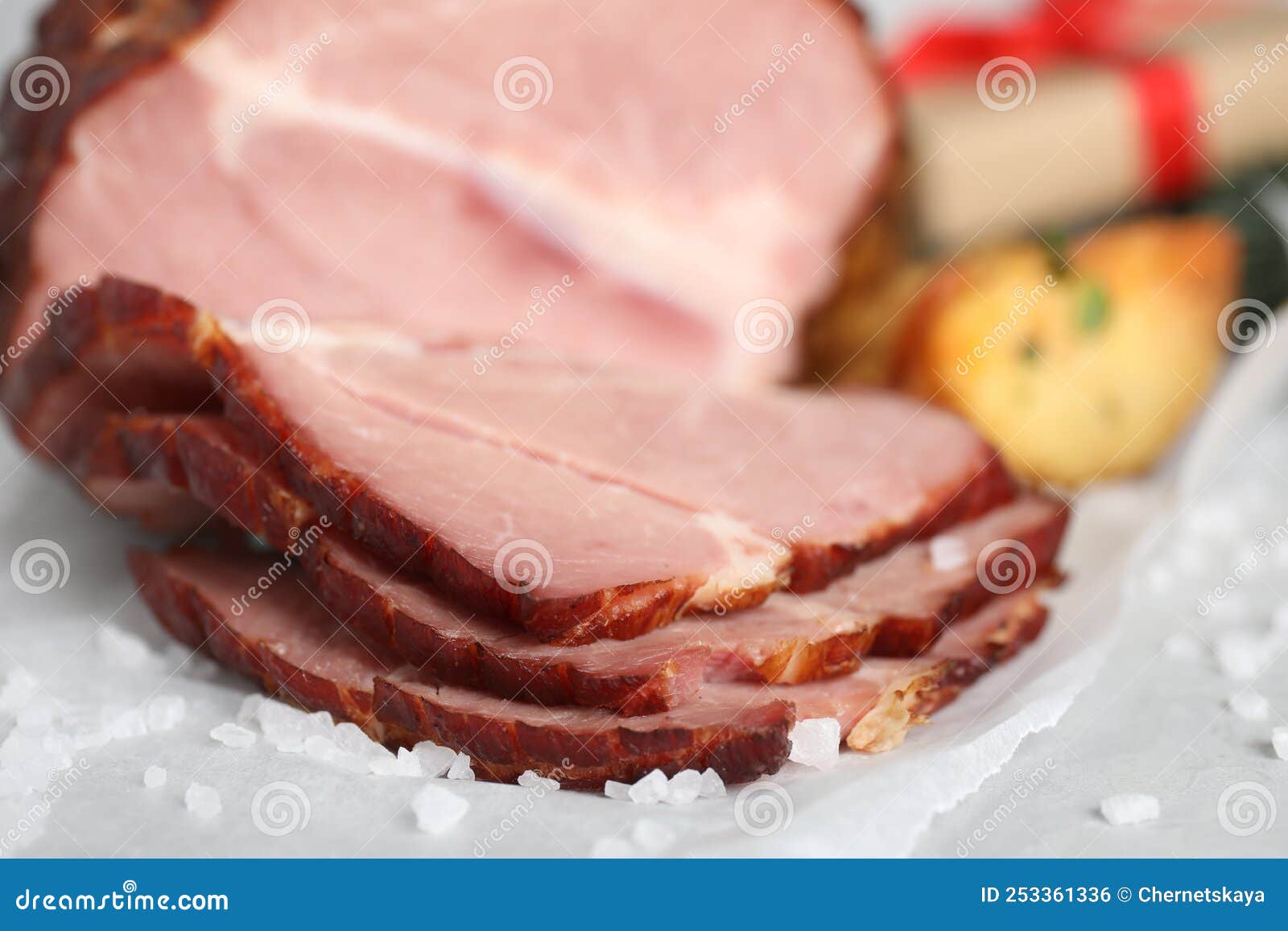Cut Delicious Ham with Salt on Table, Closeup Stock Photo - Image of ...