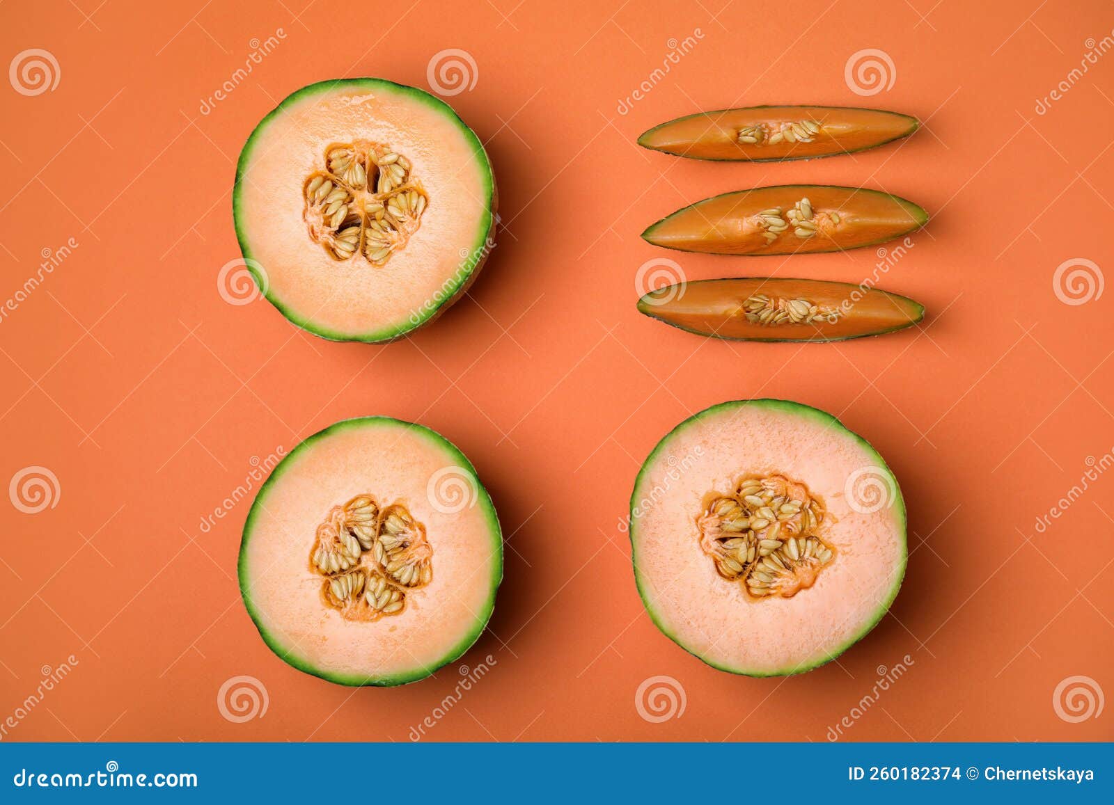 Cut Different Types of Melons on Orange Background, Flat Lay Stock ...
