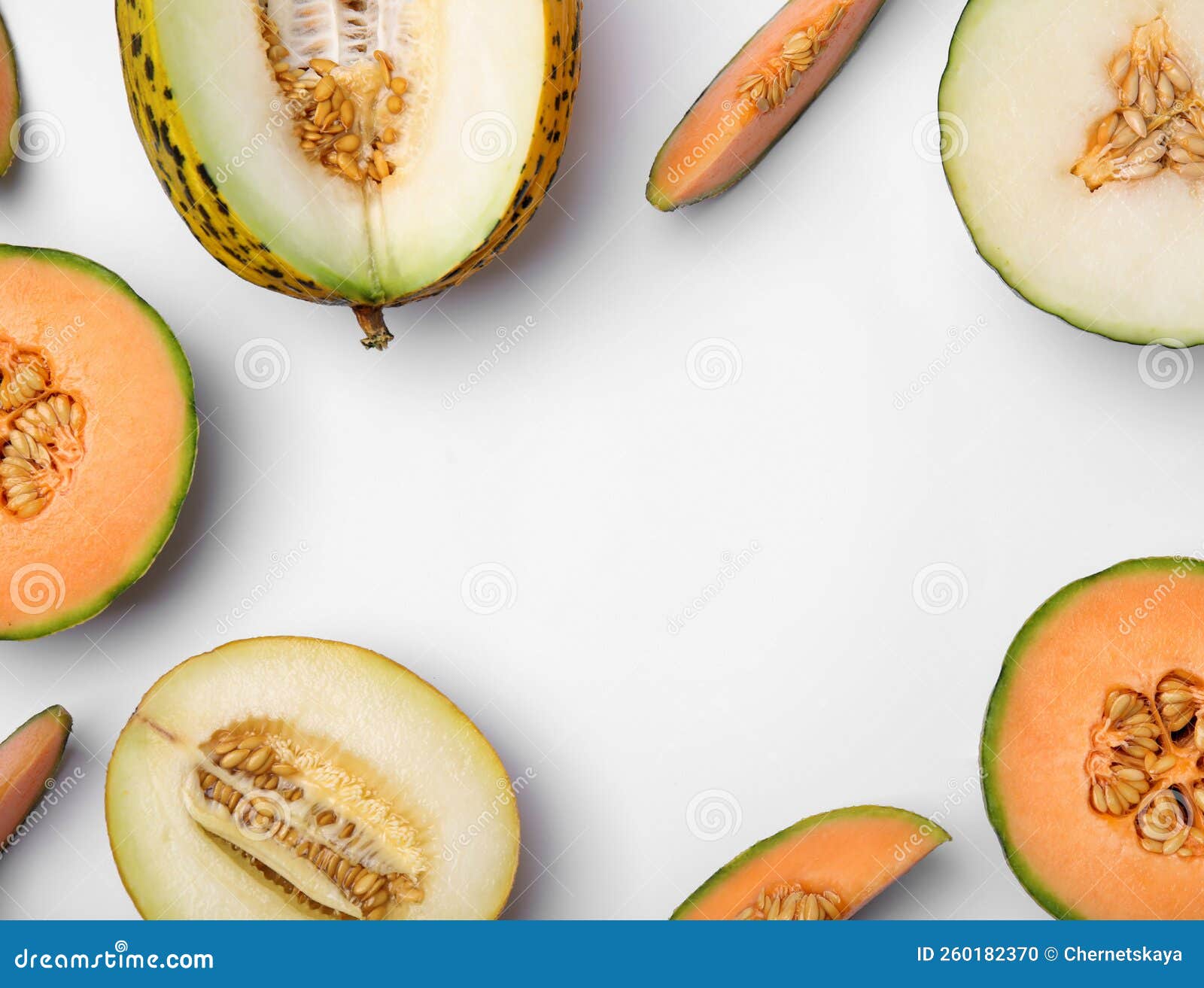 Cut Different Types of Melons on White Background, Flat Lay. Space for ...