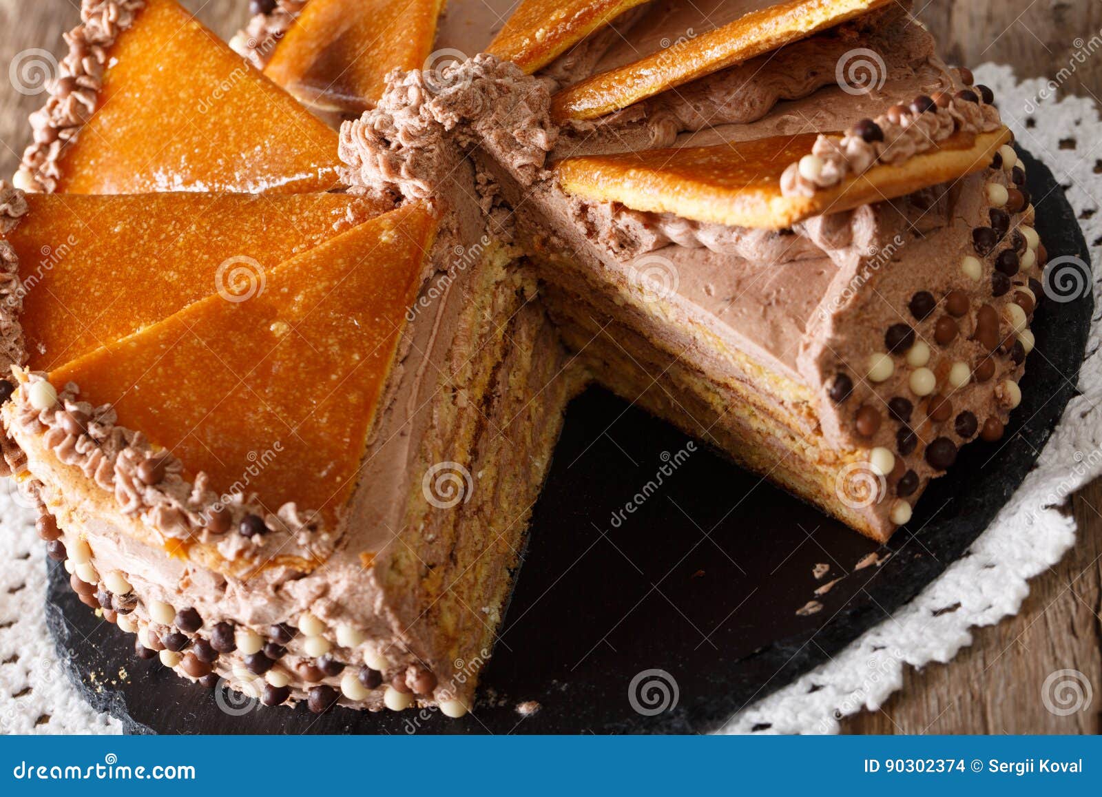 Cut Dobos Cake Close-up. Horizontal Stock Photo - Image of food, butter ...
