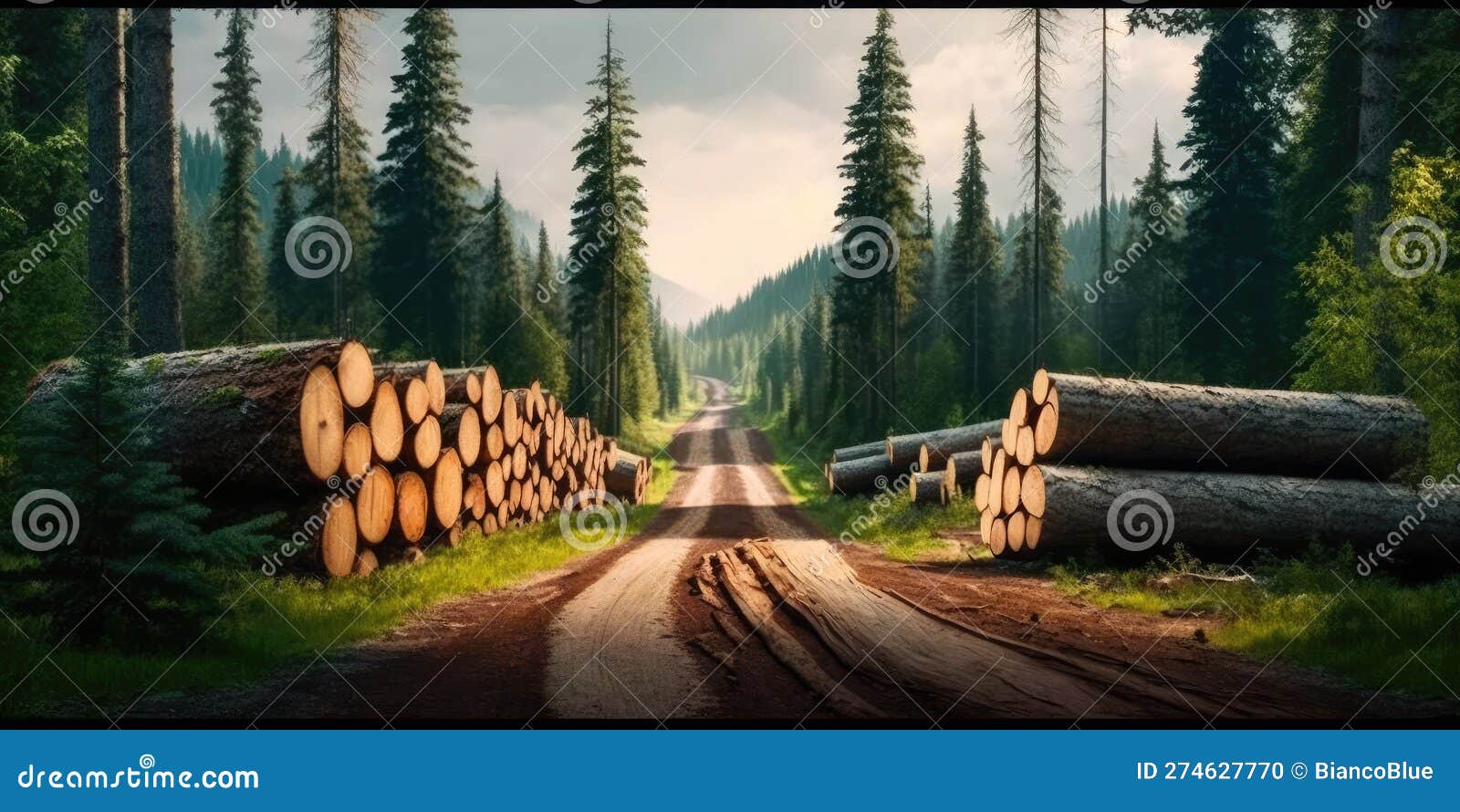 Cut Down Tree Logs by the Road in the Forest Stock Photo - Image of ...