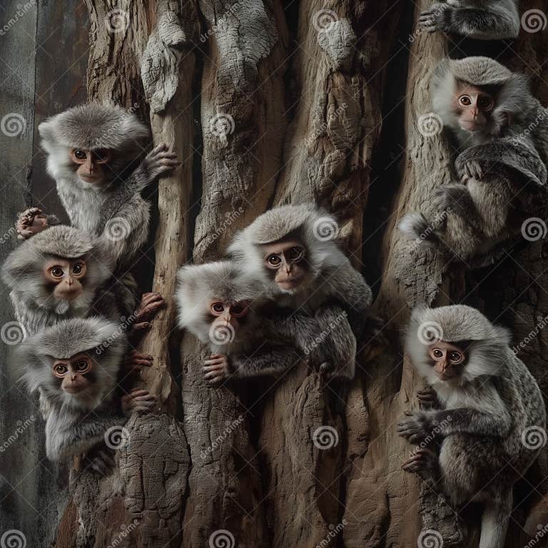 Cut Fluffy Monkeys on Trees, Close Up, Monkeys Hanging on the Tree ...