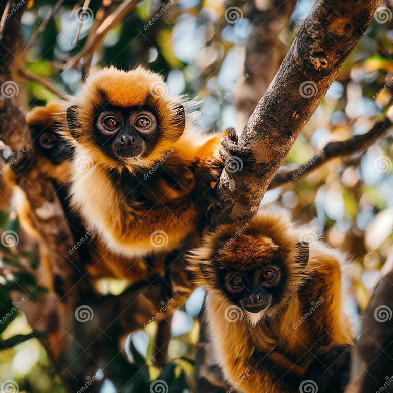 Cut Fluffy Monkeys on Trees, Close Up, Monkeys Hanging on the Tree ...