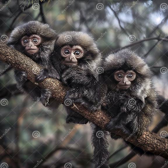 Cut Fluffy Monkeys on Trees, Close Up, Monkeys Hanging on the Tree ...