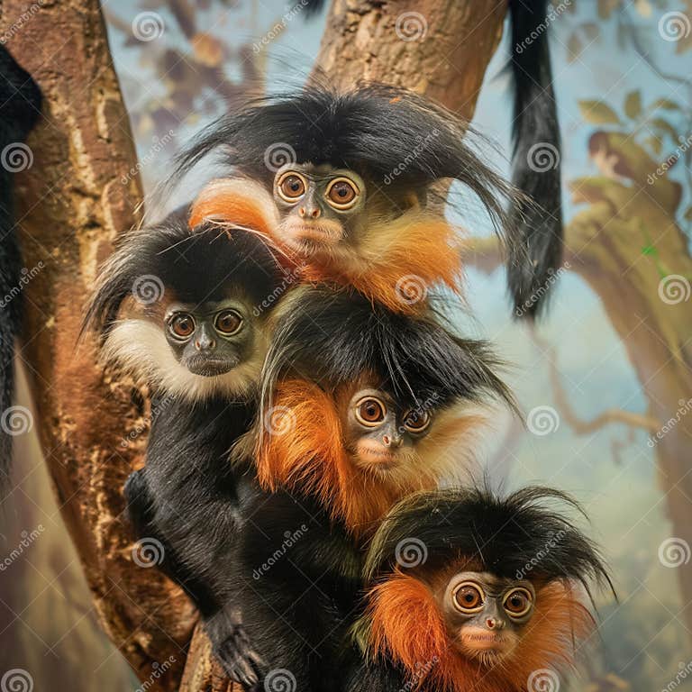 Cut Fluffy Monkeys on Trees, Close Up, Monkeys Hanging on the Tree ...