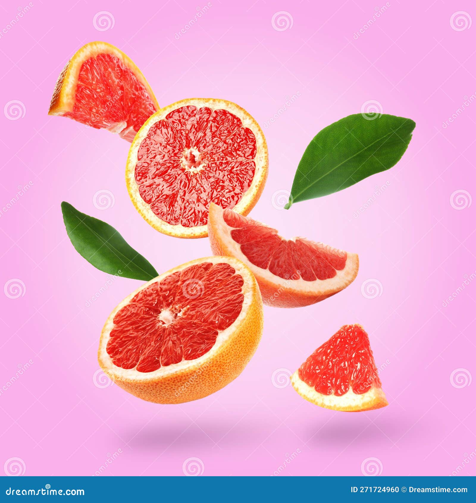 Cut Fresh Grapefruit and Green Leaves Flying on Light Magenta ...