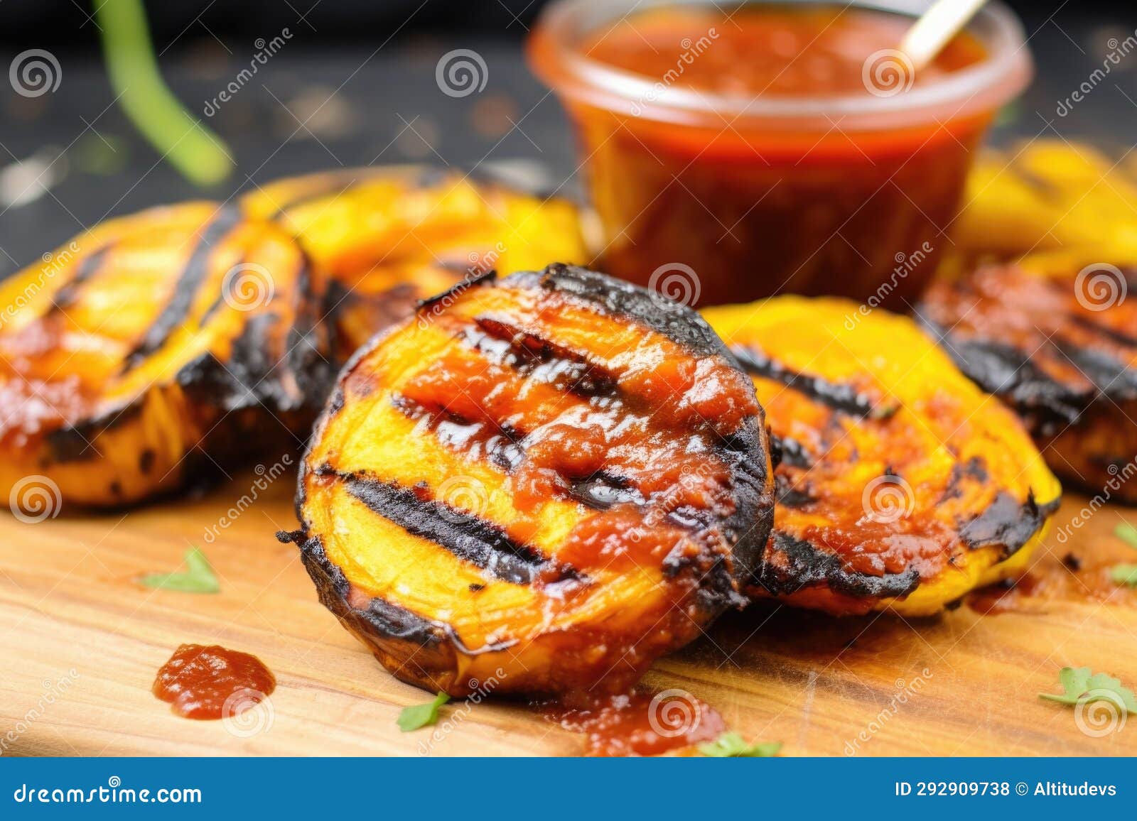 Cut in Half Mango Bbq Grilled Plantains, Sauce Oozing Out Stock Photo ...