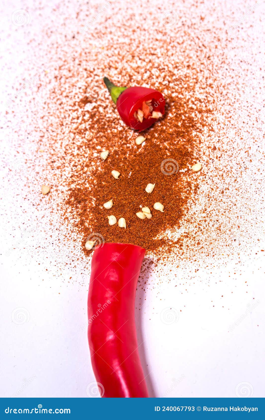 Cut in Half Red Chili Peppers with Ground Red Chili Peppers Stock Image ...