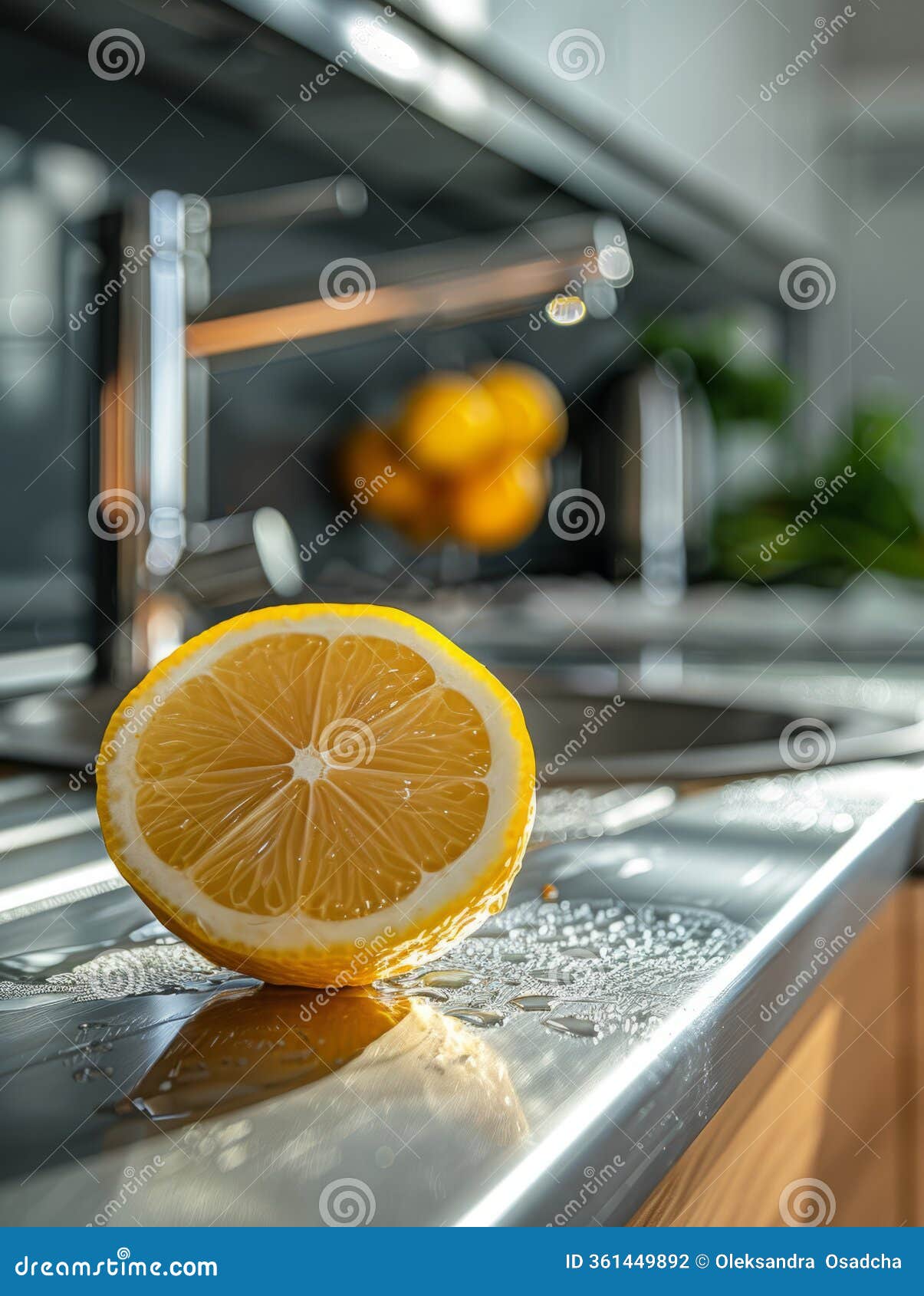 A Cut Lemon on a Countertop with Kitchen in the Background Stock Photo ...