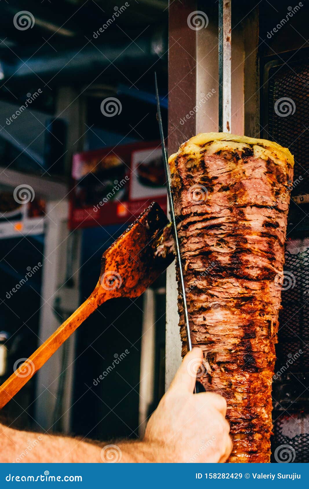 Cut meat for doner kebab stock image. Image of food - 158282429