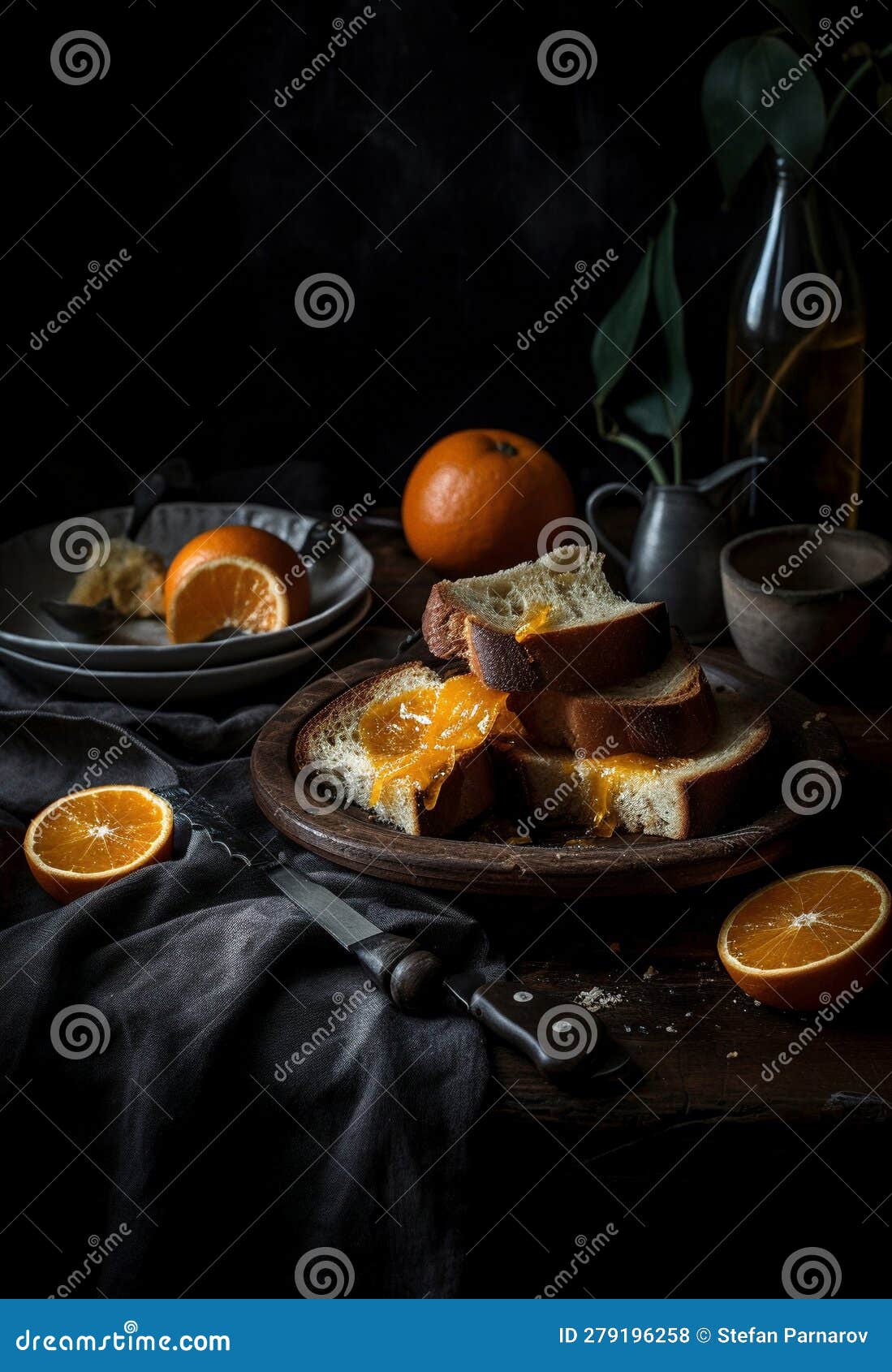 Cut Oranges and Toast on Dark Background, Ai Artwork Stock Illustration ...