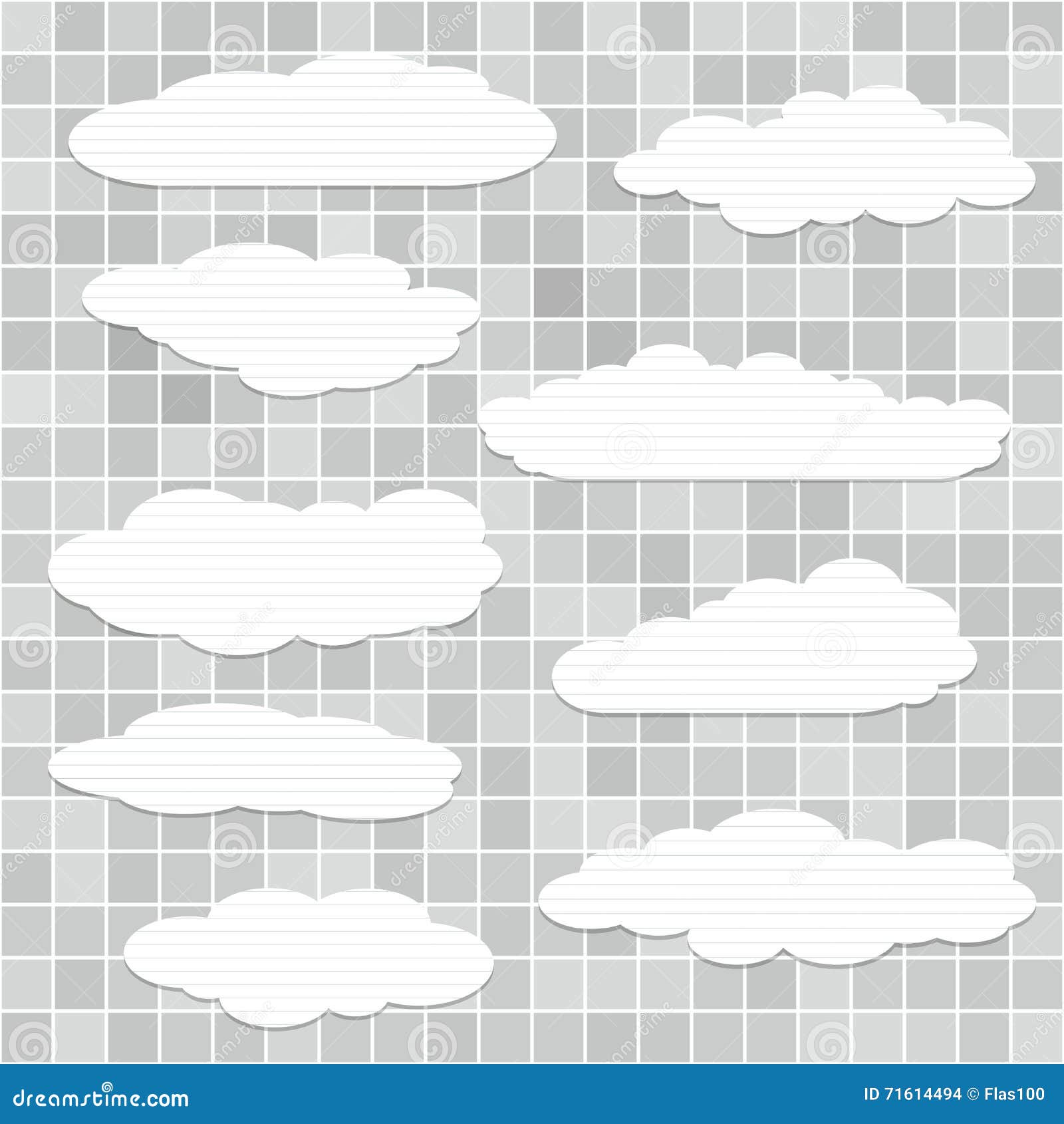 Cut Out Lined Paper Clouds Are Stuck On Gray Squared Pattern Or Wall ...