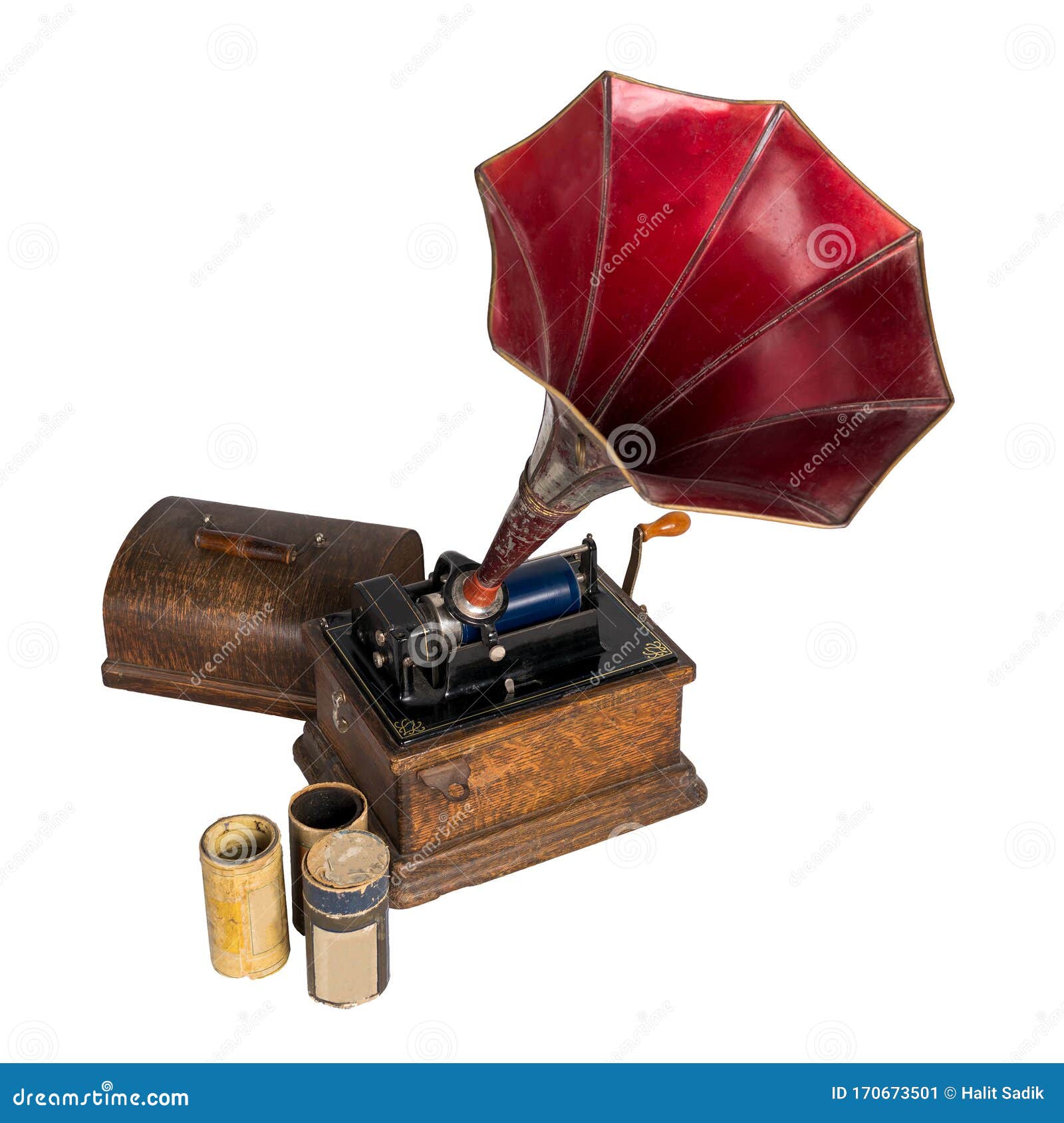 Cut Out Old Phonograph with Three Cylinder Records with Clipping Path ...