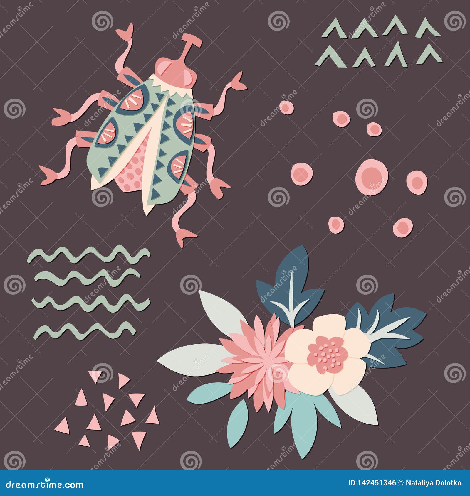 Cut Out Paper Bug, Flowers and Decor Elements Stock Vector ...