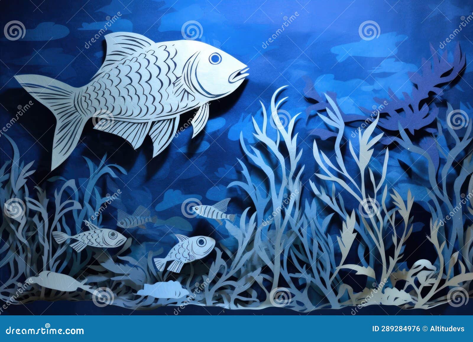 Cut-out Paper Fish Casting Shadows on Blue Textured Paper Stock Photo ...