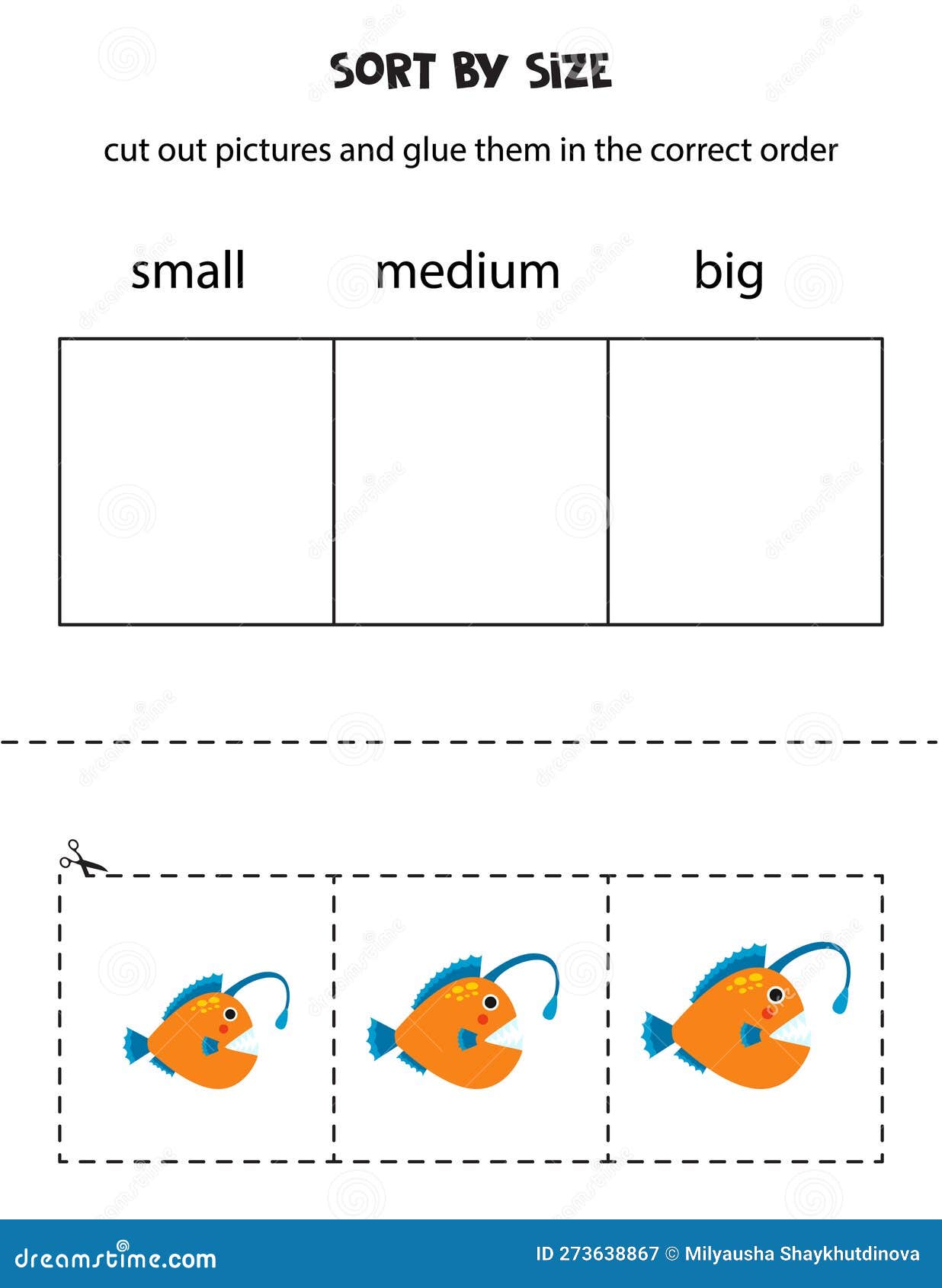 Sort Cute Angler Fish by Size. Educational Worksheet for Kids Stock ...