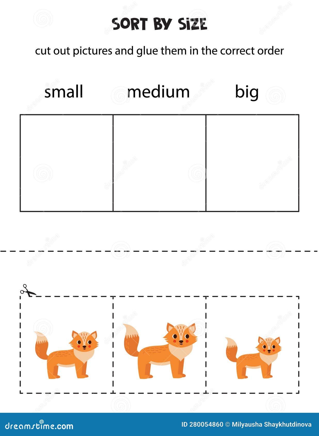 Sort Cute Fox by Size. Educational Worksheet for Kids Stock Vector ...