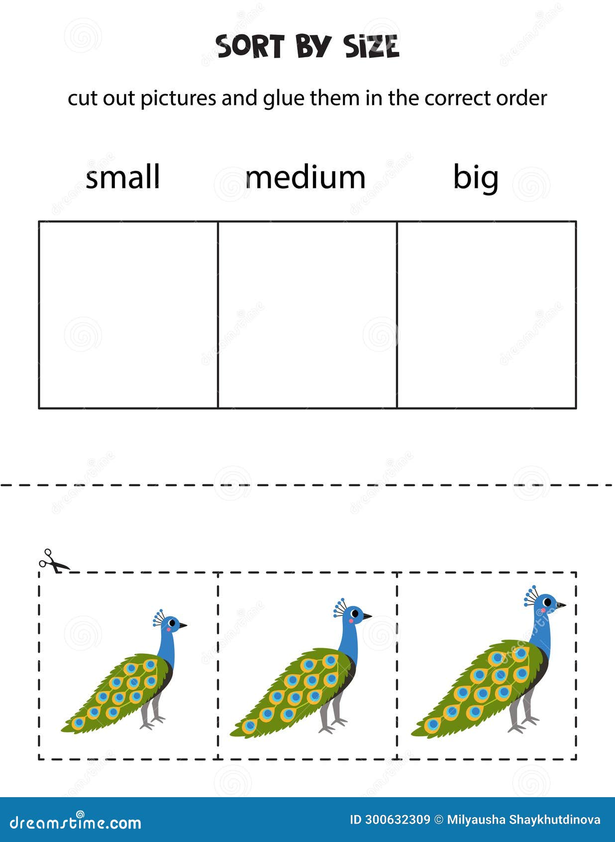 Sort Cute Peacock by Size. Educational Worksheet for Kids. Stock ...