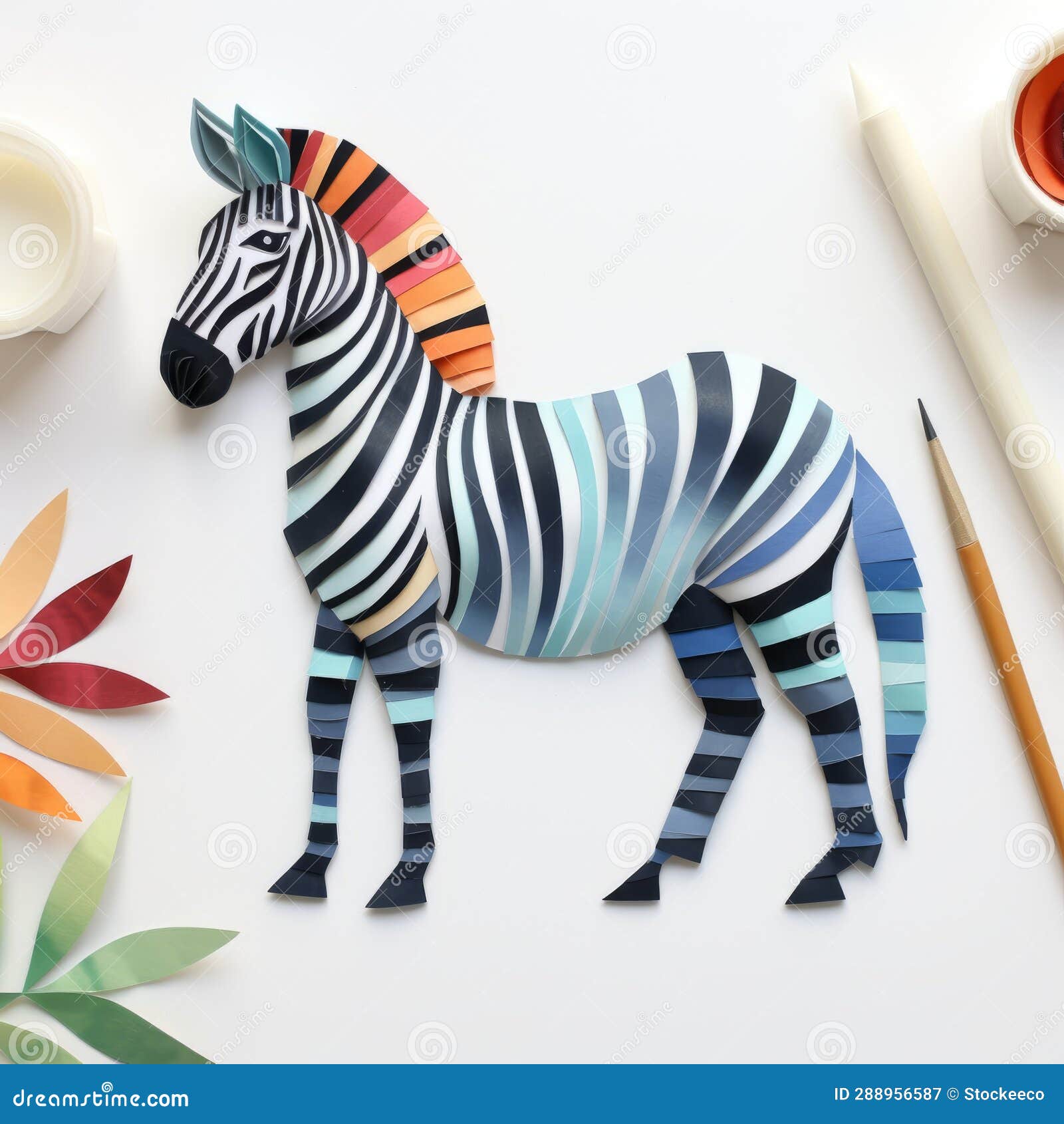 Colorful Paper Zebra Craft with Watercolor on White Background Stock ...