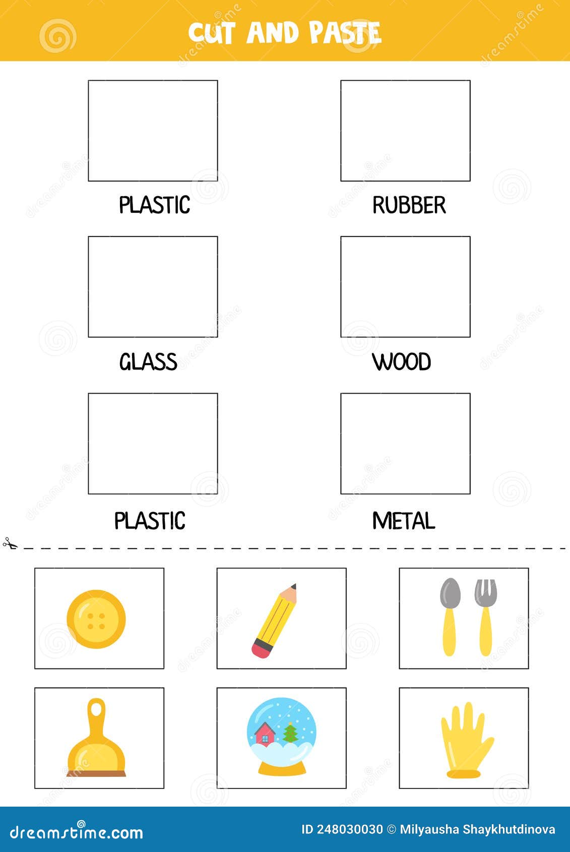 Cut Pictures and Paste Them into Right Boxes. Worksheet for Kids. Stock ...