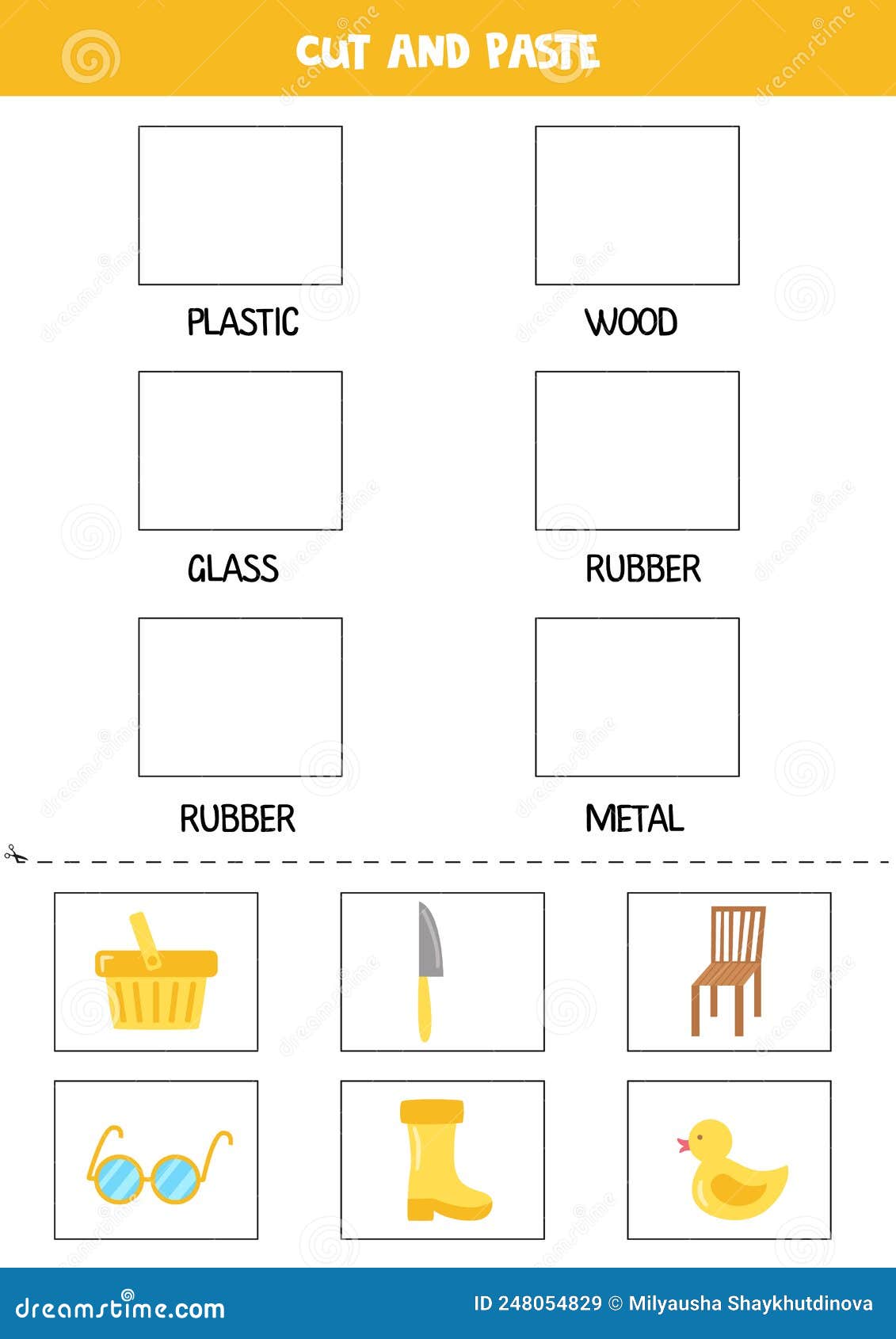 Cut Pictures and Paste Them into Right Boxes. Worksheet for Kids. Stock ...