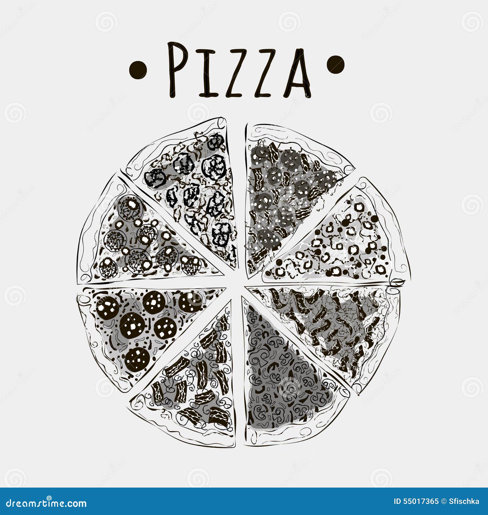 Cut Pizzas into Pieces of Different Kinds Black on White Stock Vector ...