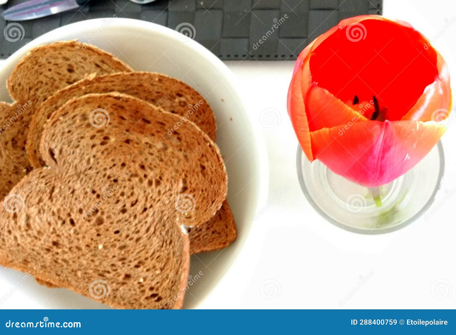 A Cut Red Flower of Tulip on the Table with Bread Stock Image - Image ...