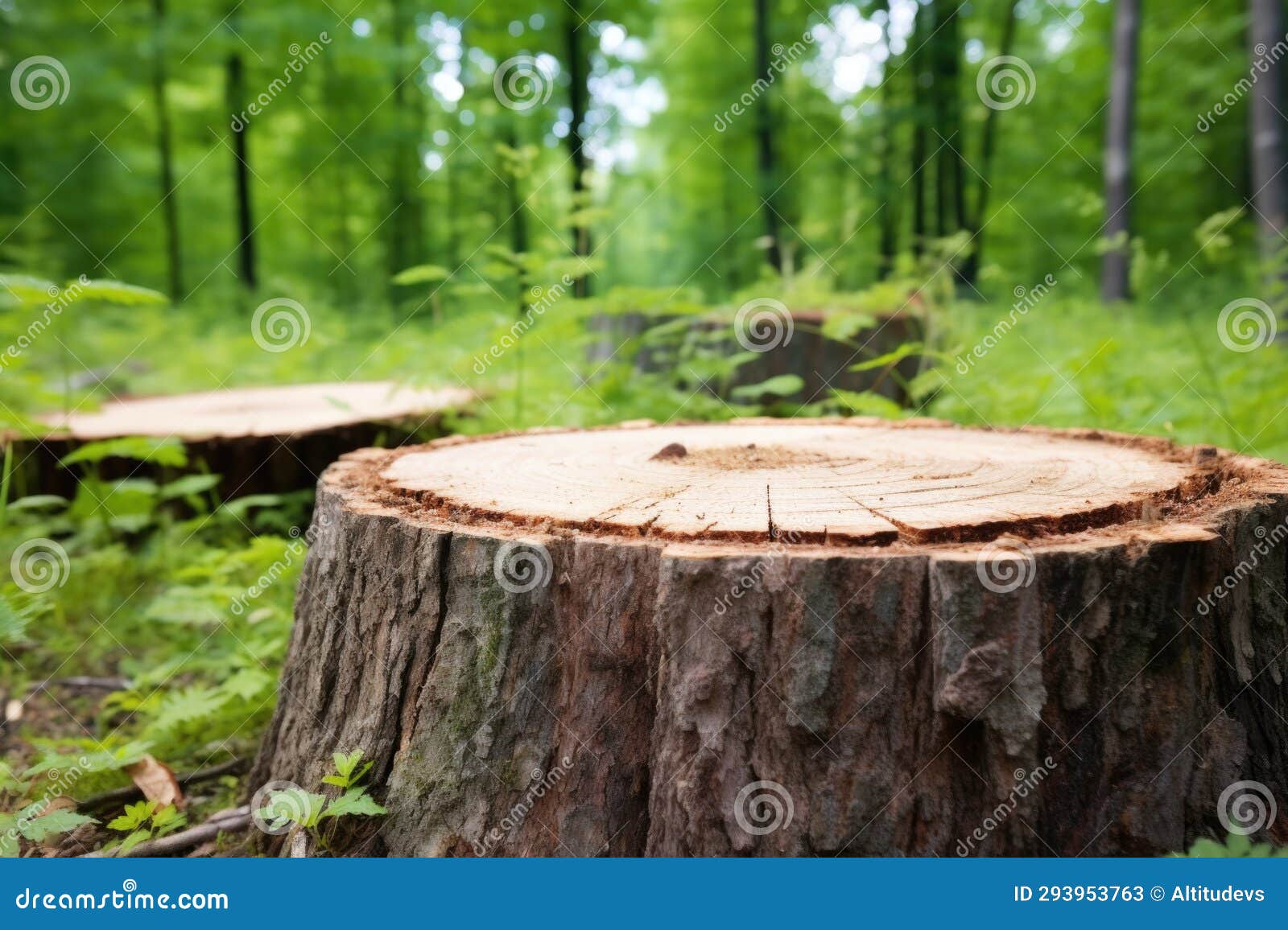 Cut Tree Trunks with Growth Rings Visible, Sapling in the Center Stock ...