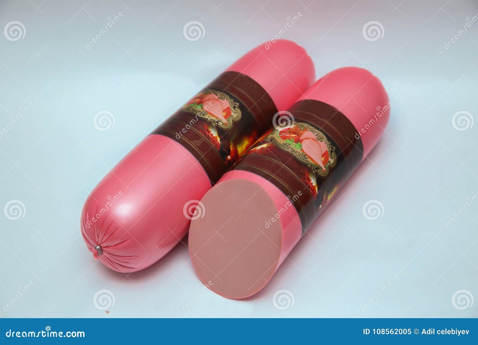 Cut White Background and Whole Pink Sausage. Sausage Smoked on a White ...