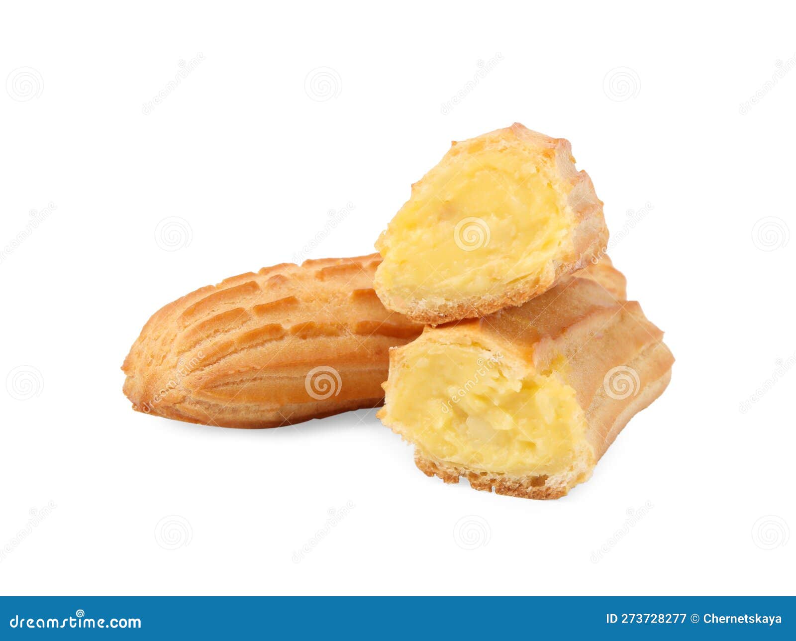Cut and Whole Fresh Delicious Eclairs Isolated on White Stock Image ...